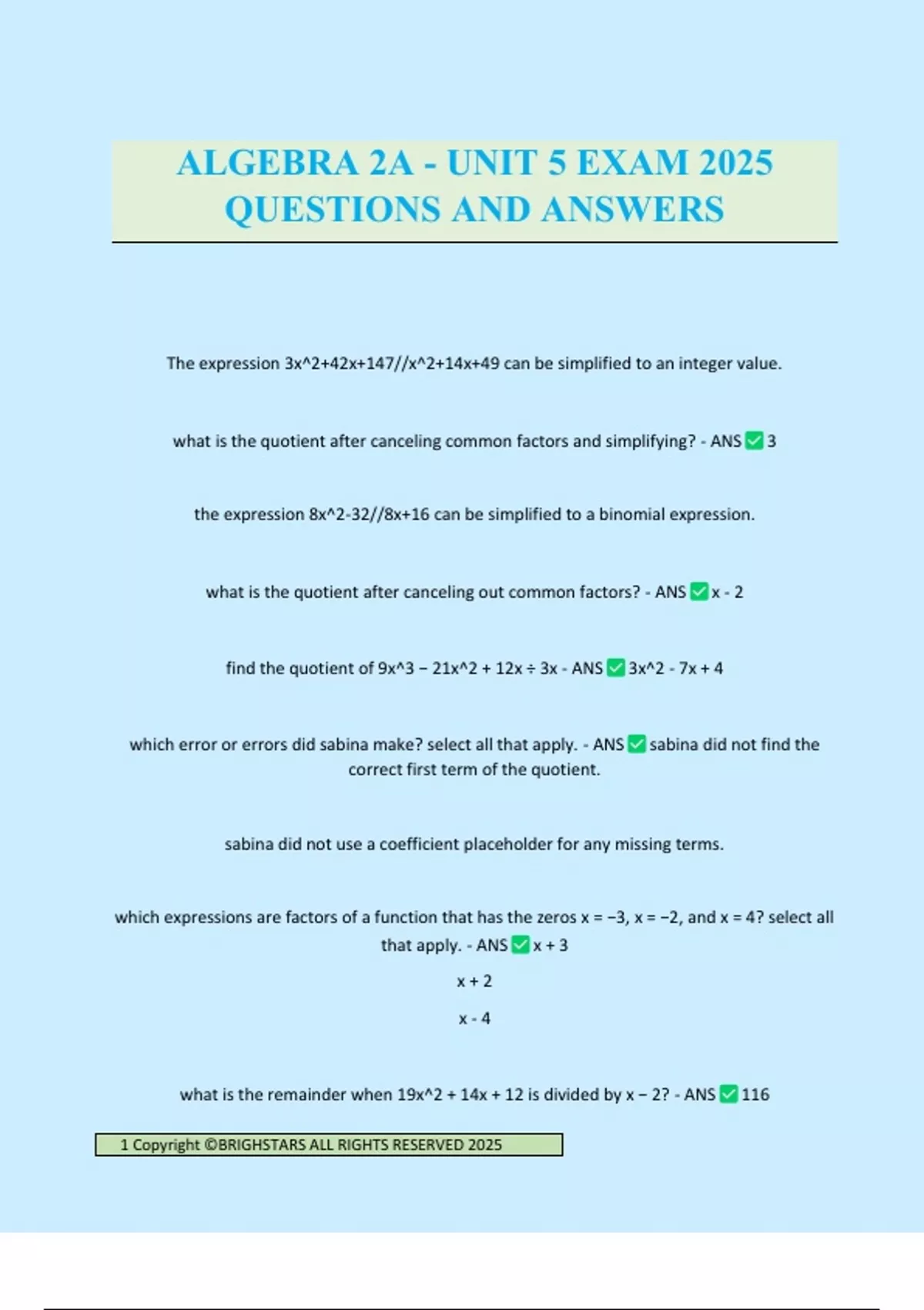 ALGEBRA 2A - UNIT 5 EXAM 2025 QUESTIONS AND ANSWERS - ALGEBRA 2A ...