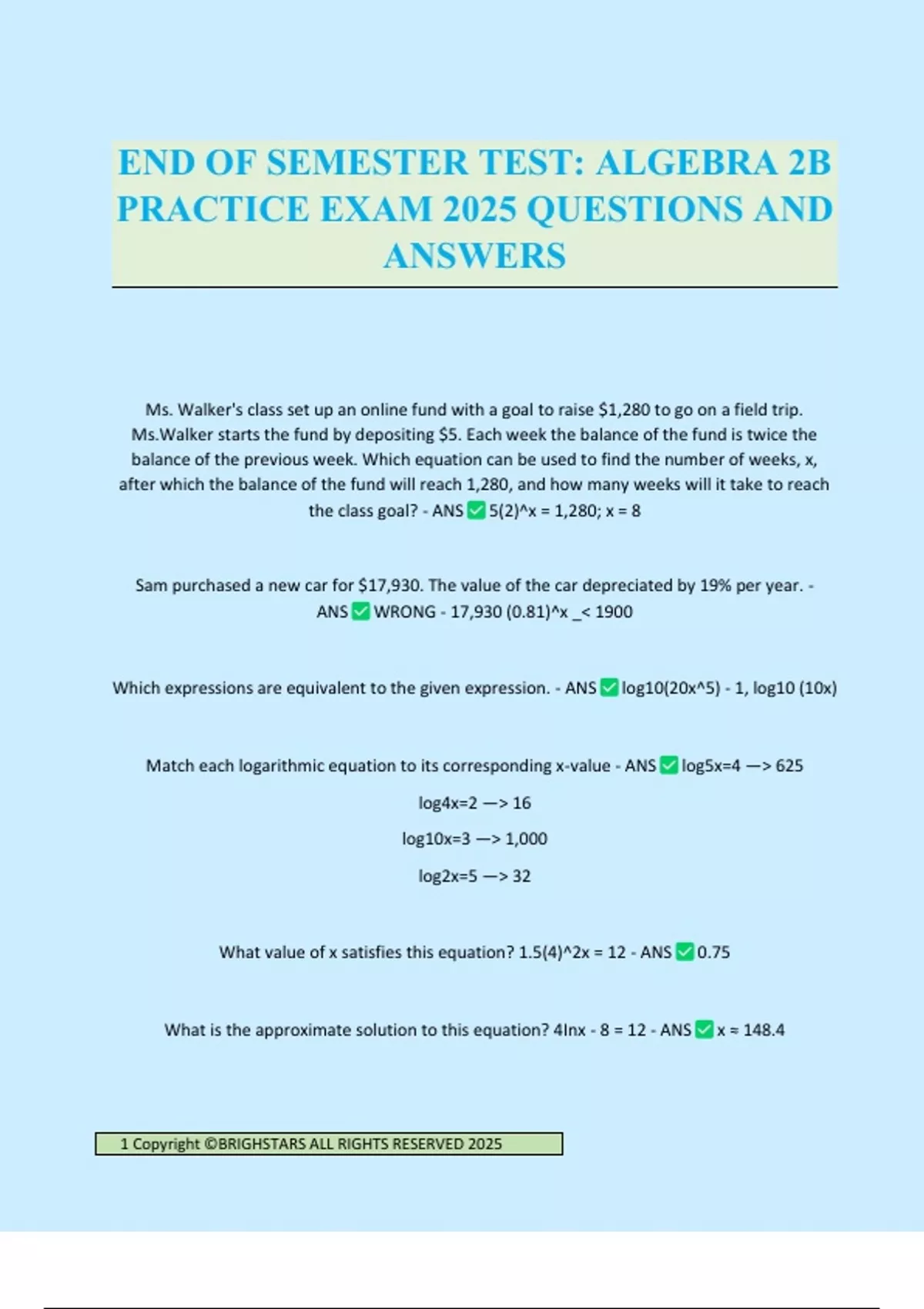 END OF SEMESTER TEST: ALGEBRA 2B PRACTICE EXAM 2025 QUESTIONS AND ...