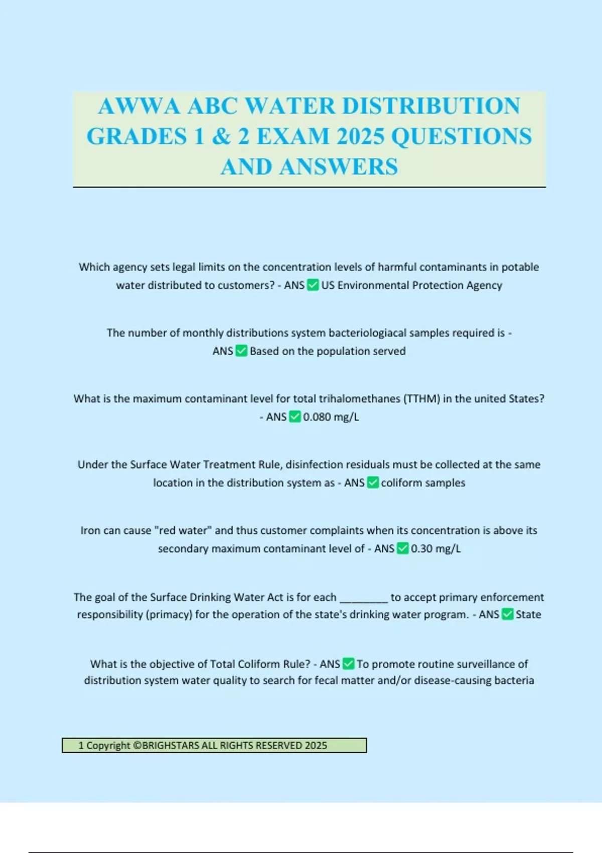 AWWA ABC WATER DISTRIBUTION GRADES 1 & 2 EXAM 2025 QUESTIONS AND ...