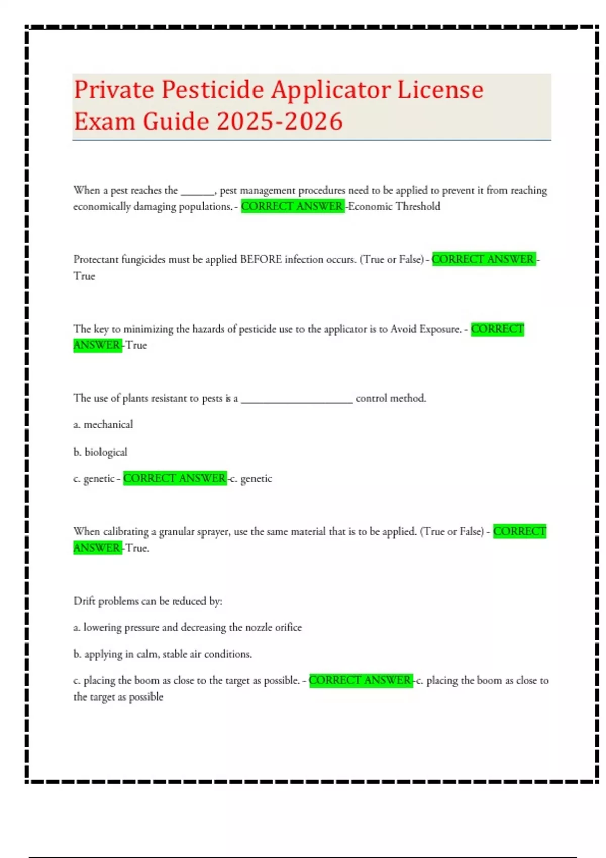 Private Pesticide Applicator License Exam Guide - Pesticide Safety and Training - Stuvia US