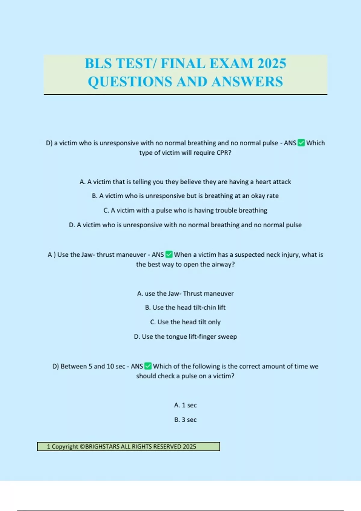 BLS TEST/ FINAL EXAM 2025 QUESTIONS AND ANSWERS - BLS - Stuvia US