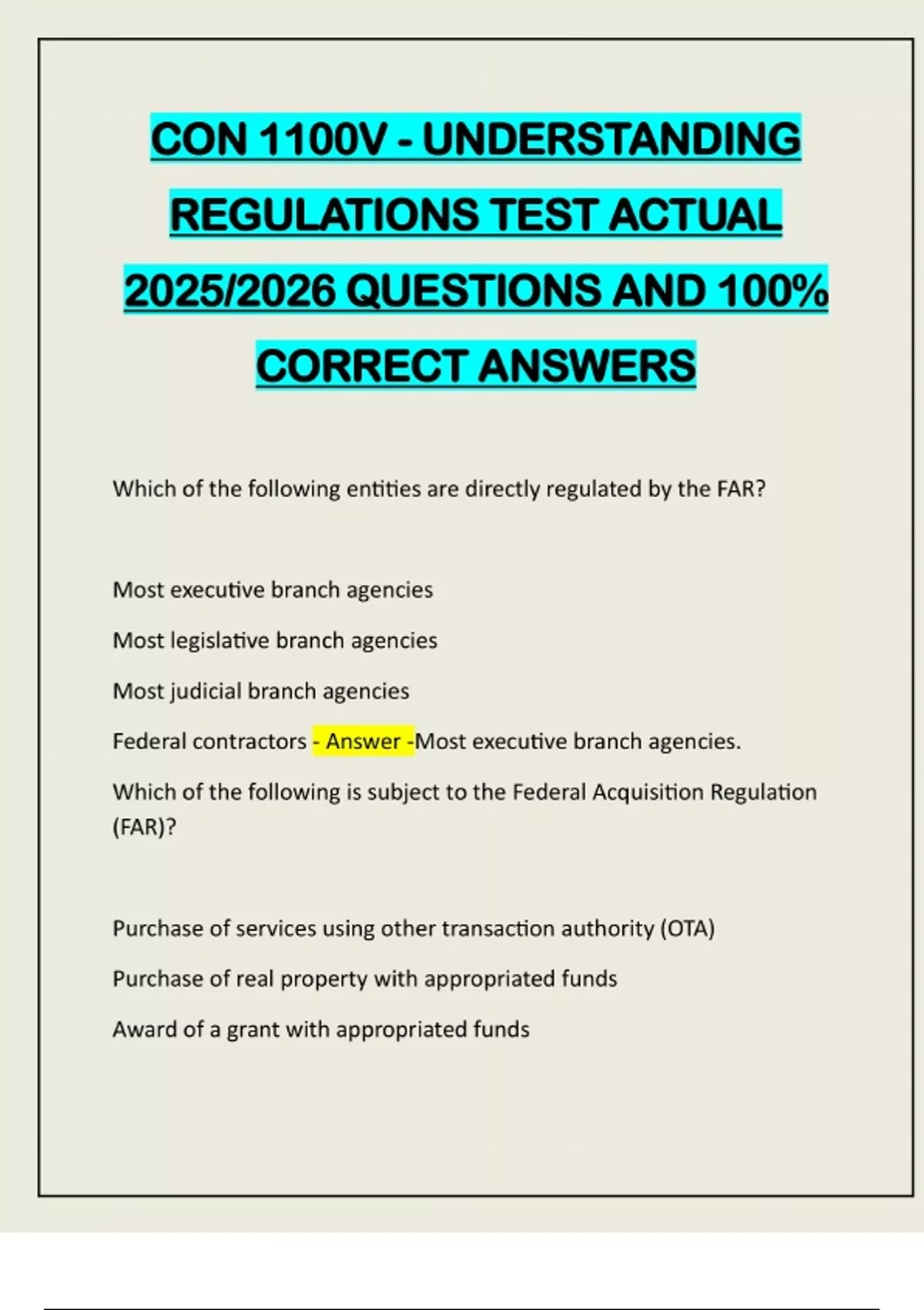 CON 1100V - UNDERSTANDING REGULATIONS TEST ACTUAL 2025/2026 QUESTIONS ...
