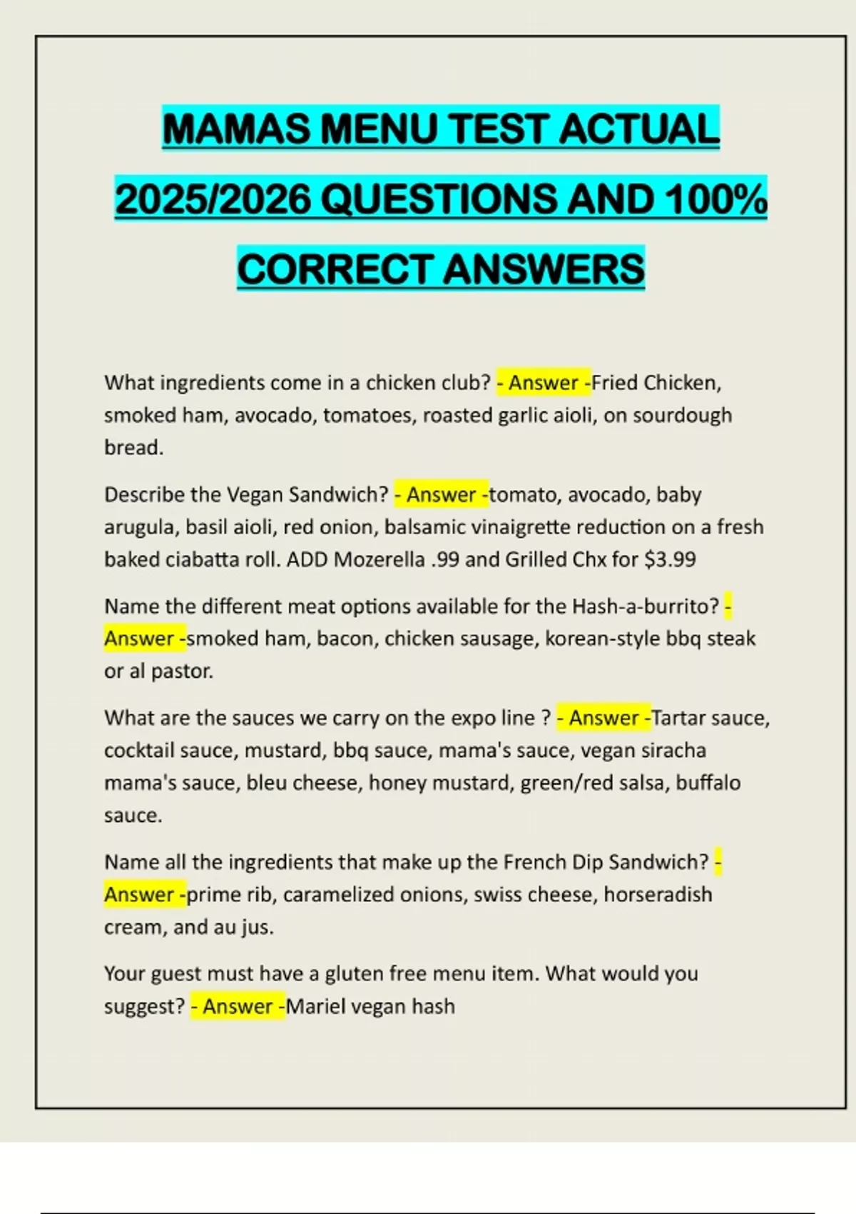 MAMAS MENU TEST ACTUAL 2025/2026 QUESTIONS AND 100% CORRECT ANSWERS ...