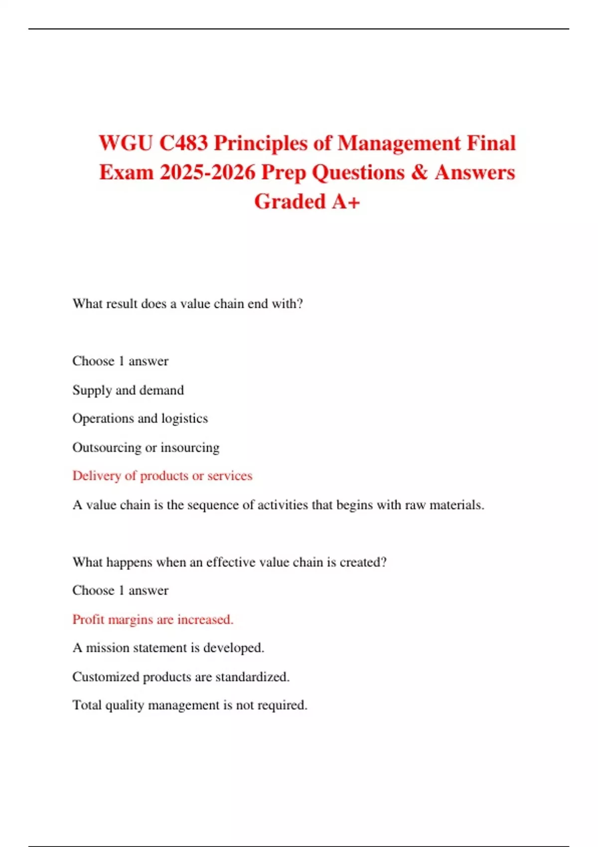 WGU C483 Principles of Management Final Exam Prep Questions & Answers ...