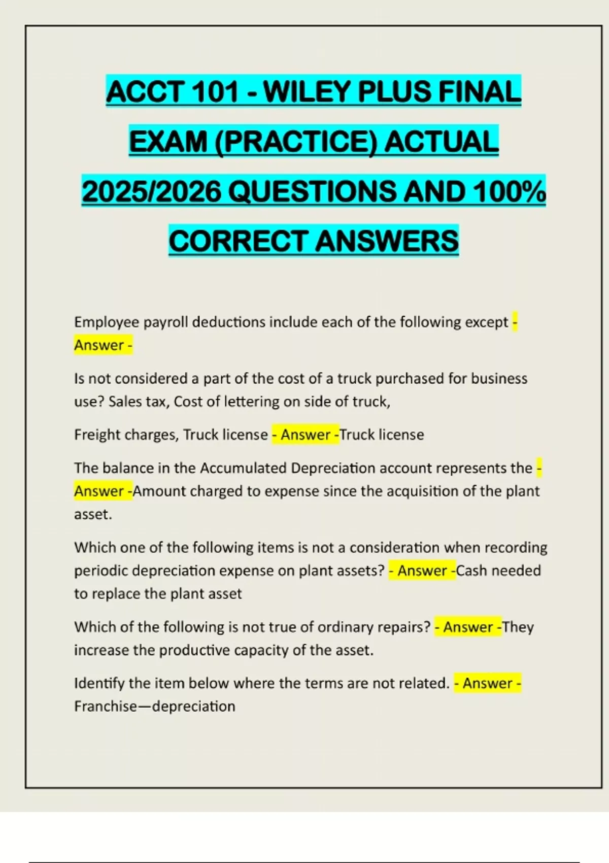 ACCT 101 - WILEY PLUS FINAL EXAM (PRACTICE) ACTUAL 2025/2026 QUESTIONS ...