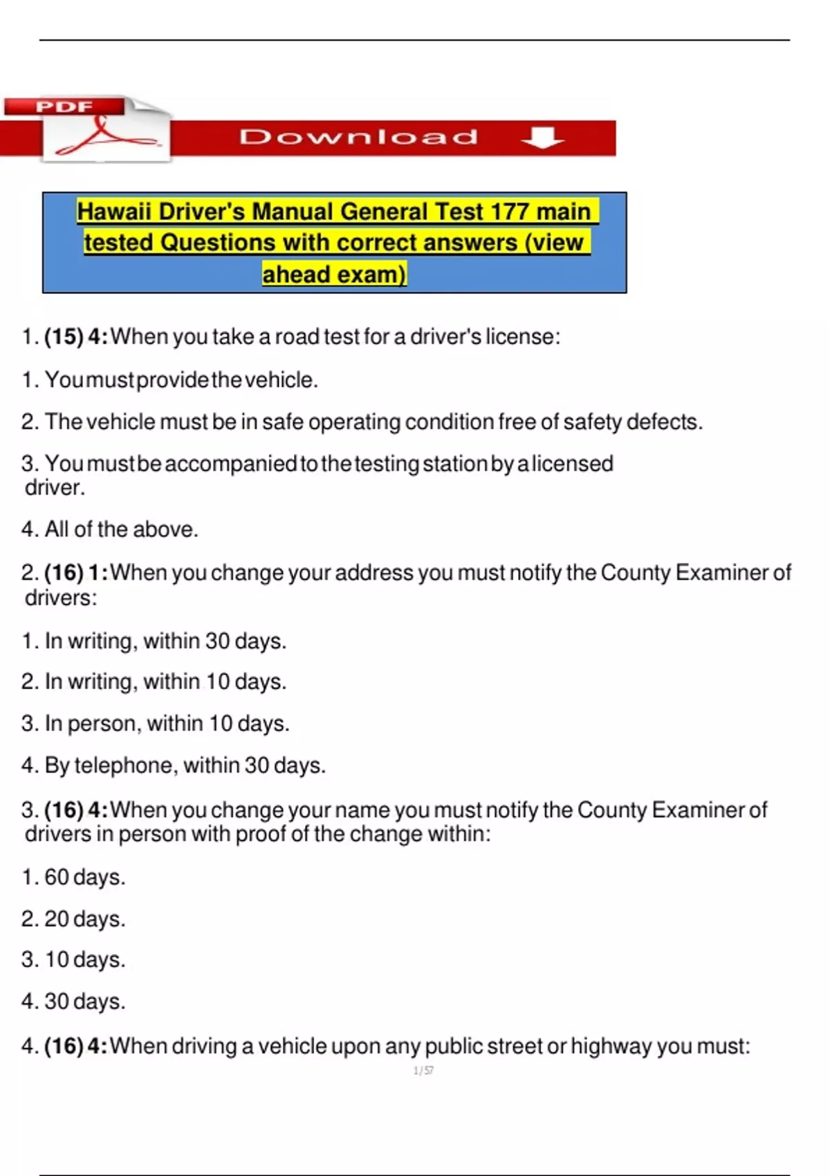 Hawaii Driver's Manual General Test 177 main tested Questions with ...