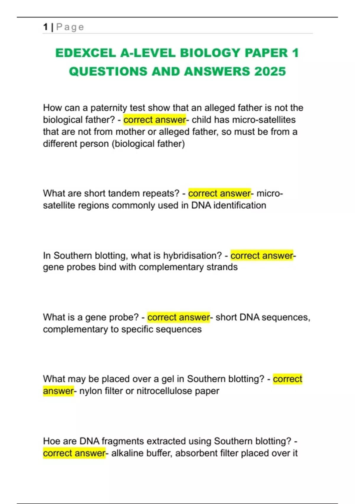 EDEXCEL A-LEVEL BIOLOGY PAPER 1 QUESTIONS AND ANSWERS 2025 - EDEXCEL A ...