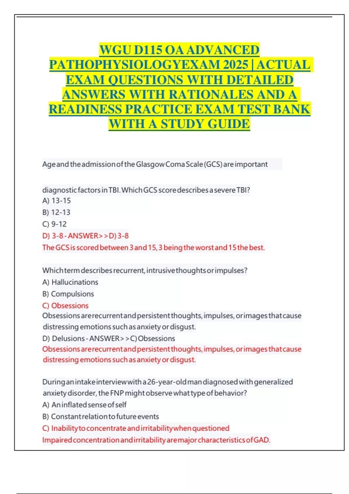 WGU D115 OA ADVANCED PATHOPHYSIOLOGYEXAM 2025 | ACTUAL EXAM QUESTIONS ...