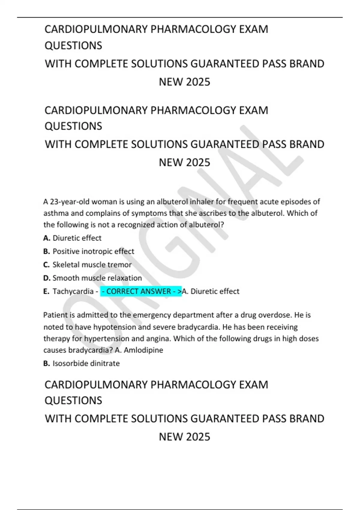 CARDIOPULMONARY PHARMACOLOGY EXAM QUESTIONS WITH COMPLETE SOLUTIONS ...