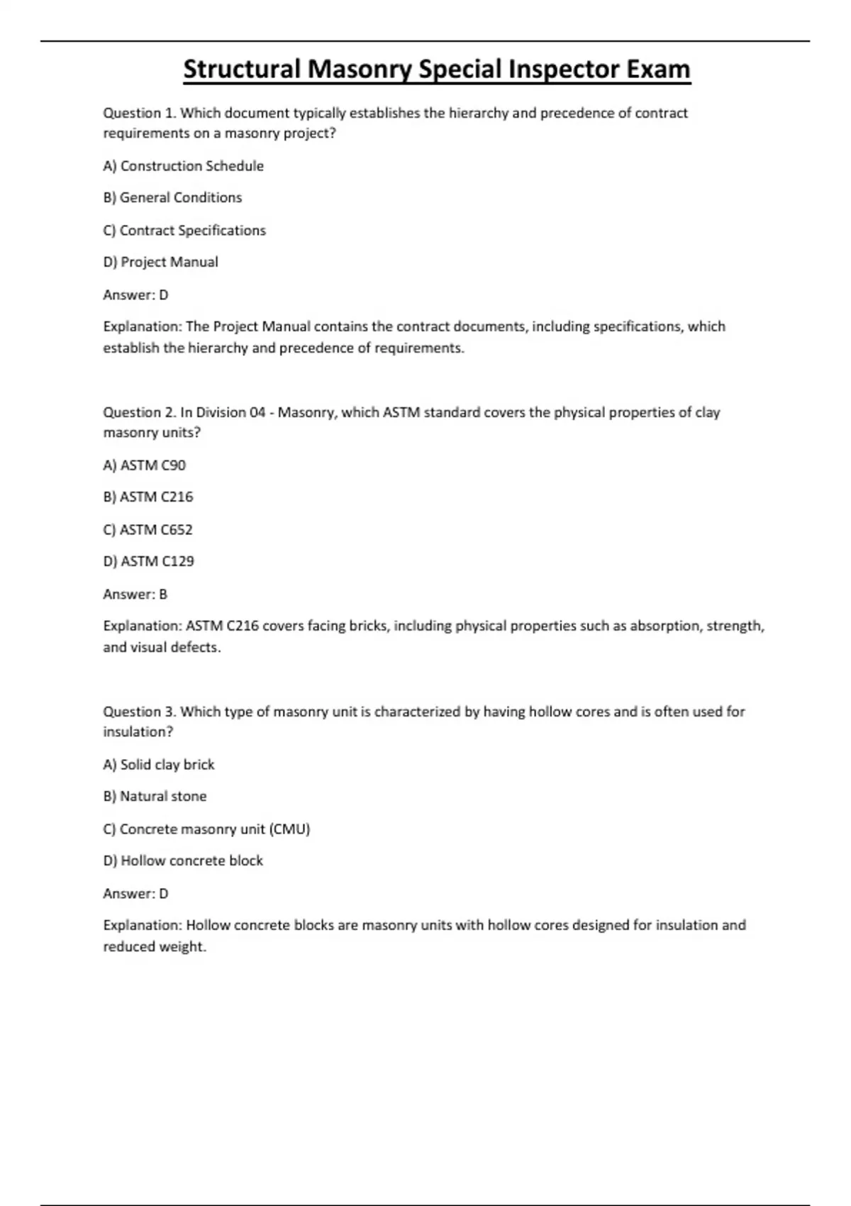 Structural Masonry Special Inspector Exam - Computer - Stuvia US