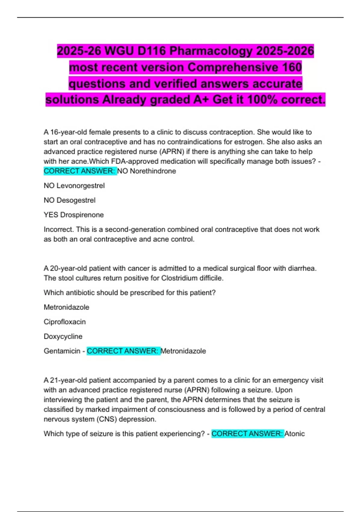 2025-26 WGU D116 Pharmacology most recent version Comprehensive 160 ...