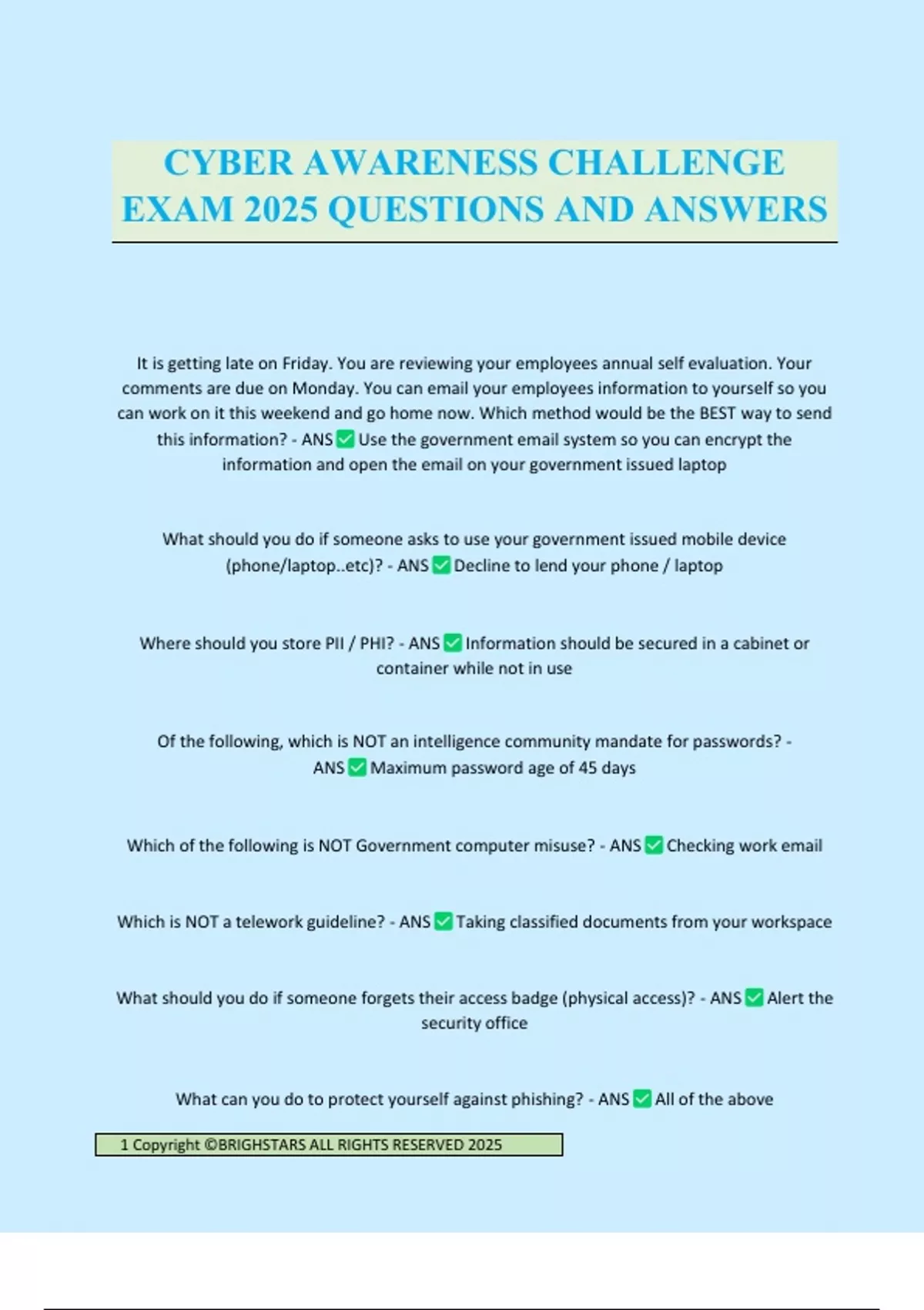 CYBER AWARENESS CHALLENGE EXAM 2025 QUESTIONS AND ANSWERS - CYBER ...