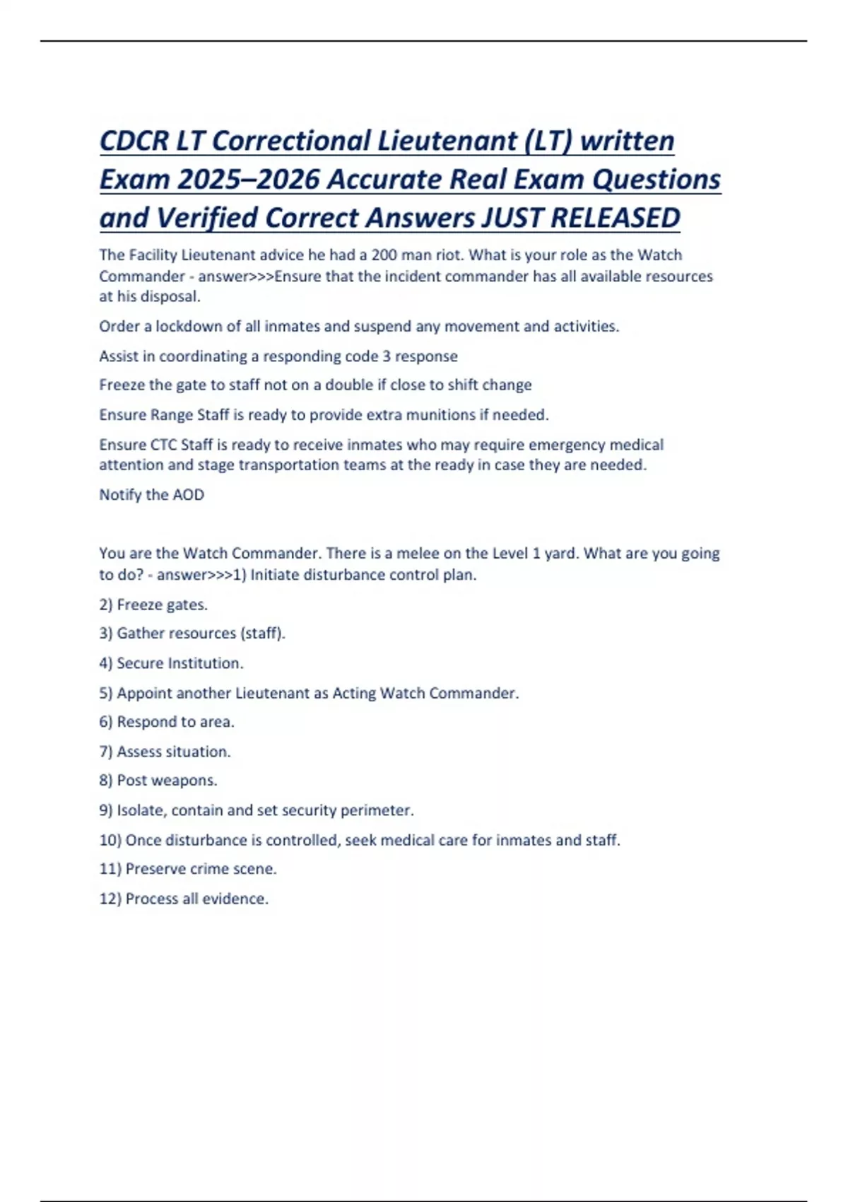 CDCR LT Correctional Lieutenant (LT) written Exam 2025–2026 Accurate ...