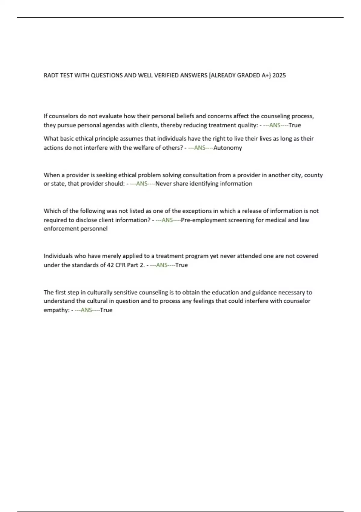 RADT TEST WITH QUESTIONS AND WELL VERIFIED ANSWERS [ALREADY GRADED A+ ...