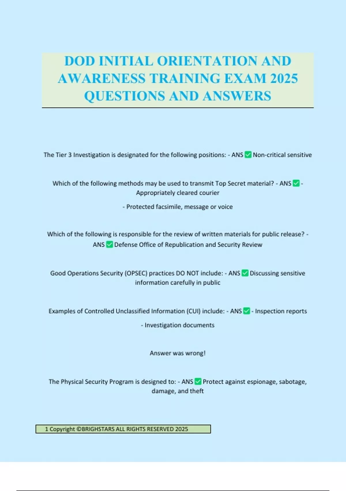 DOD INITIAL ORIENTATION AND AWARENESS TRAINING EXAM 2025 QUESTIONS AND ...