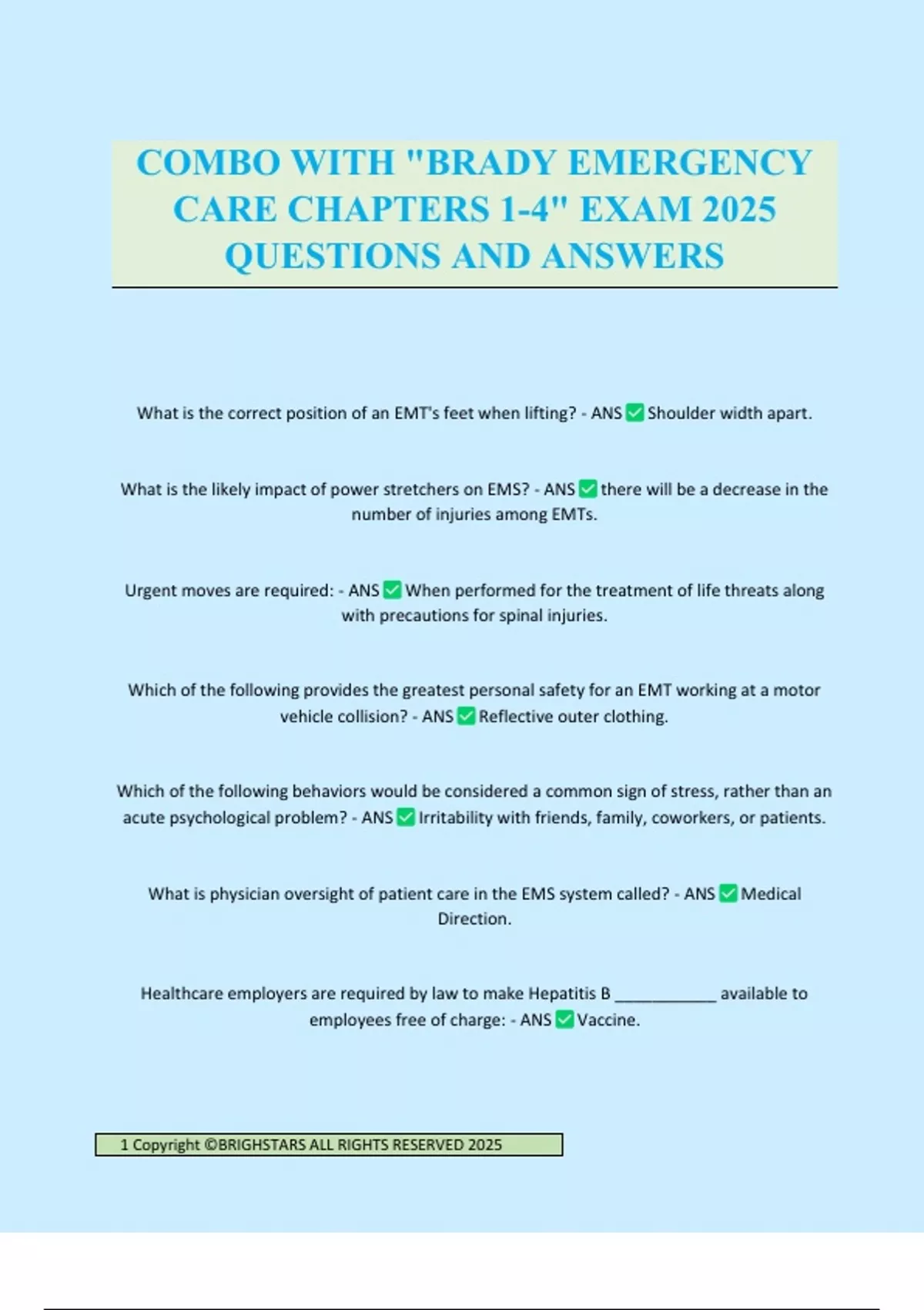 COMBO WITH "BRADY EMERGENCY CARE CHAPTERS 1-4" EXAM 2025 QUESTIONS AND ...