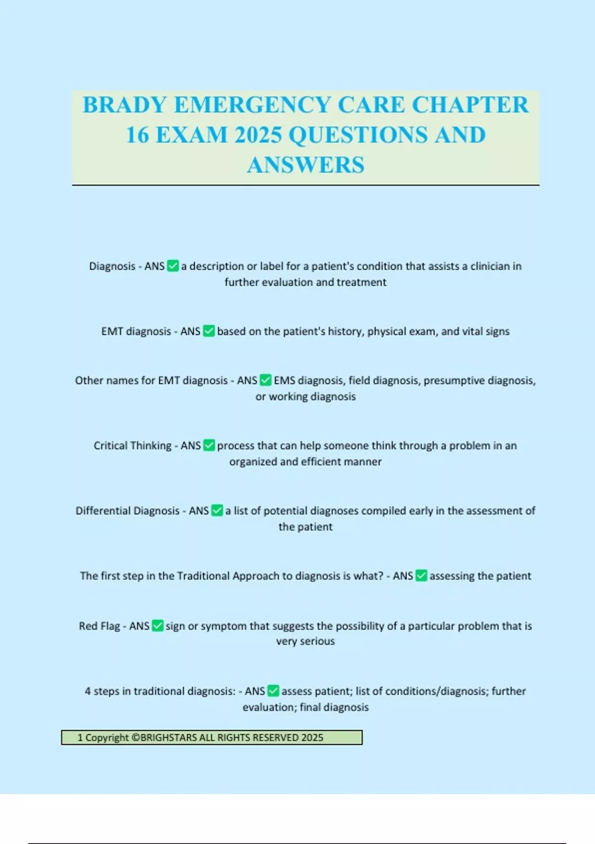 BRADY EMERGENCY CARE CHAPTER 16 EXAM 2025 QUESTIONS AND ANSWERS - EMERGENCY CARE - Stuvia US