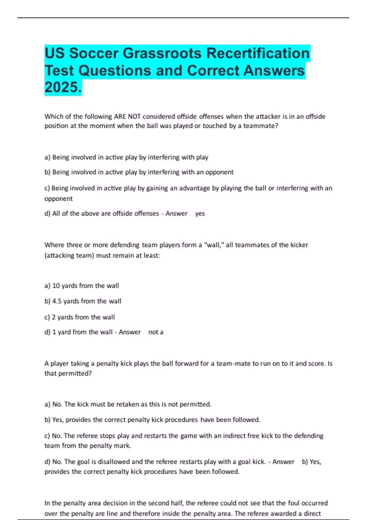 US Soccer Grassroots Recertification Test Questions and Correct Answers ...