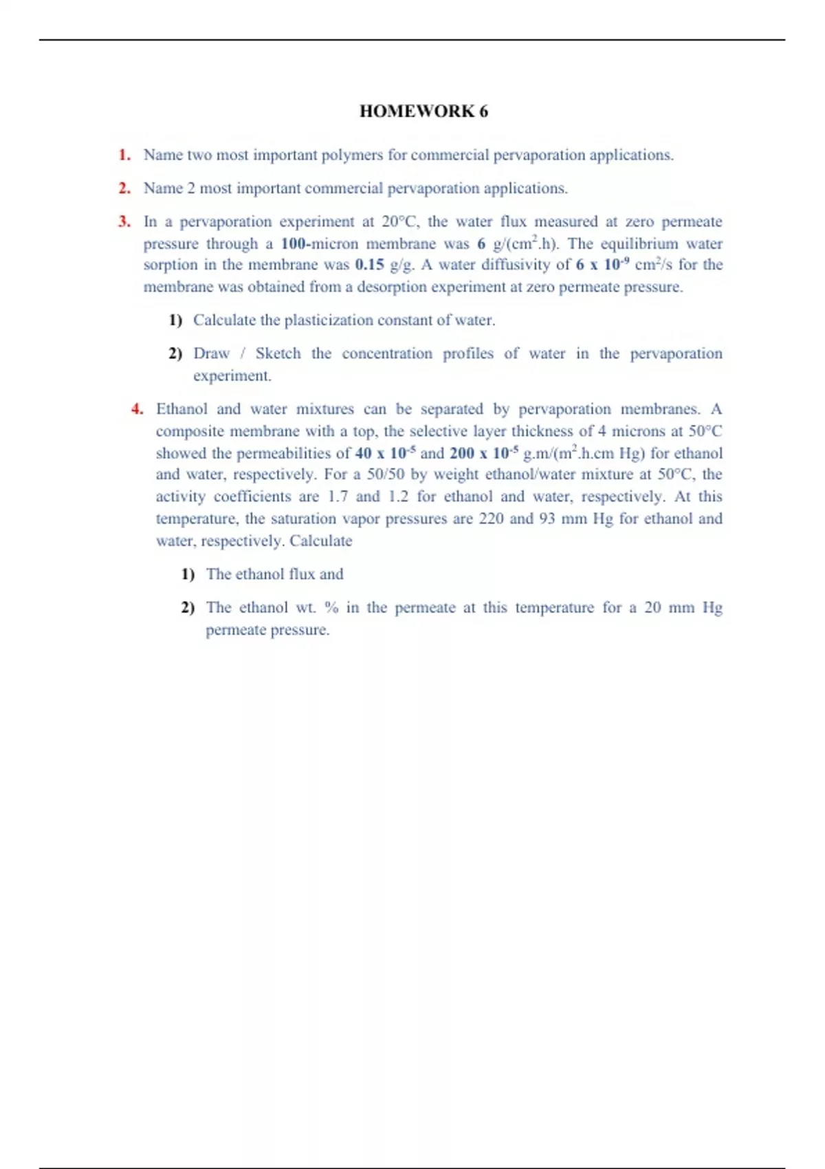 polymers for commercial pervaporation applications, Calculate the ...