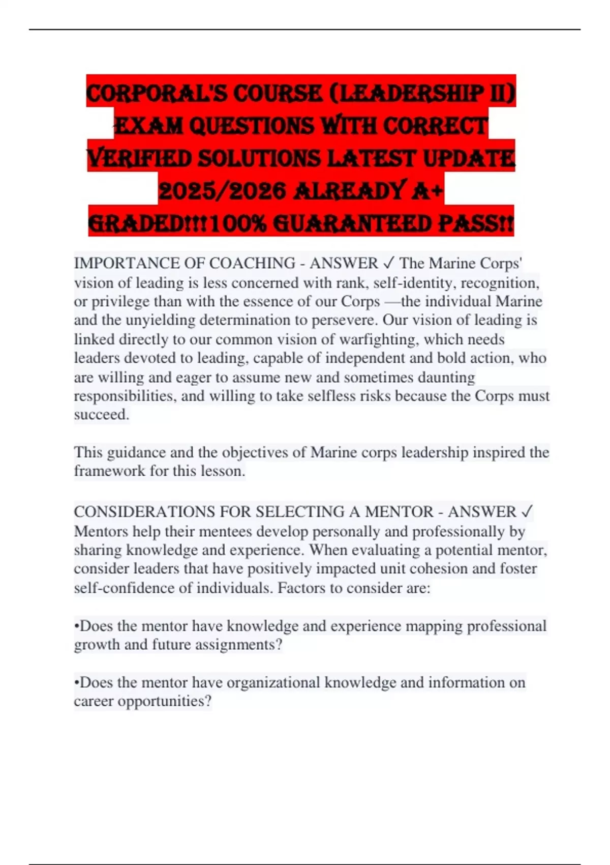 Corporal's Course (Leadership II) Exam Questions with Correct Verified ...