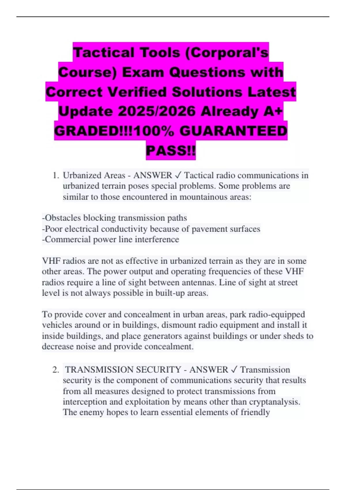 Tactical Tools (Corporal's Course) Exam Questions with Correct Verified ...