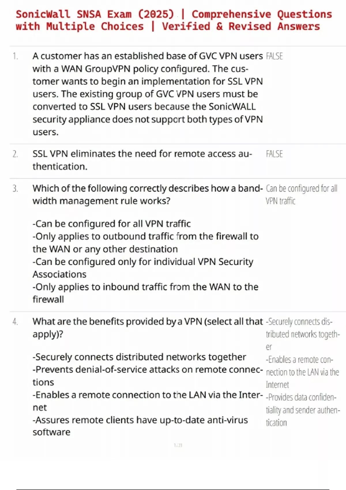 SonicWall SNSA Exam (2025) | Comprehensive Questions with Multiple ...