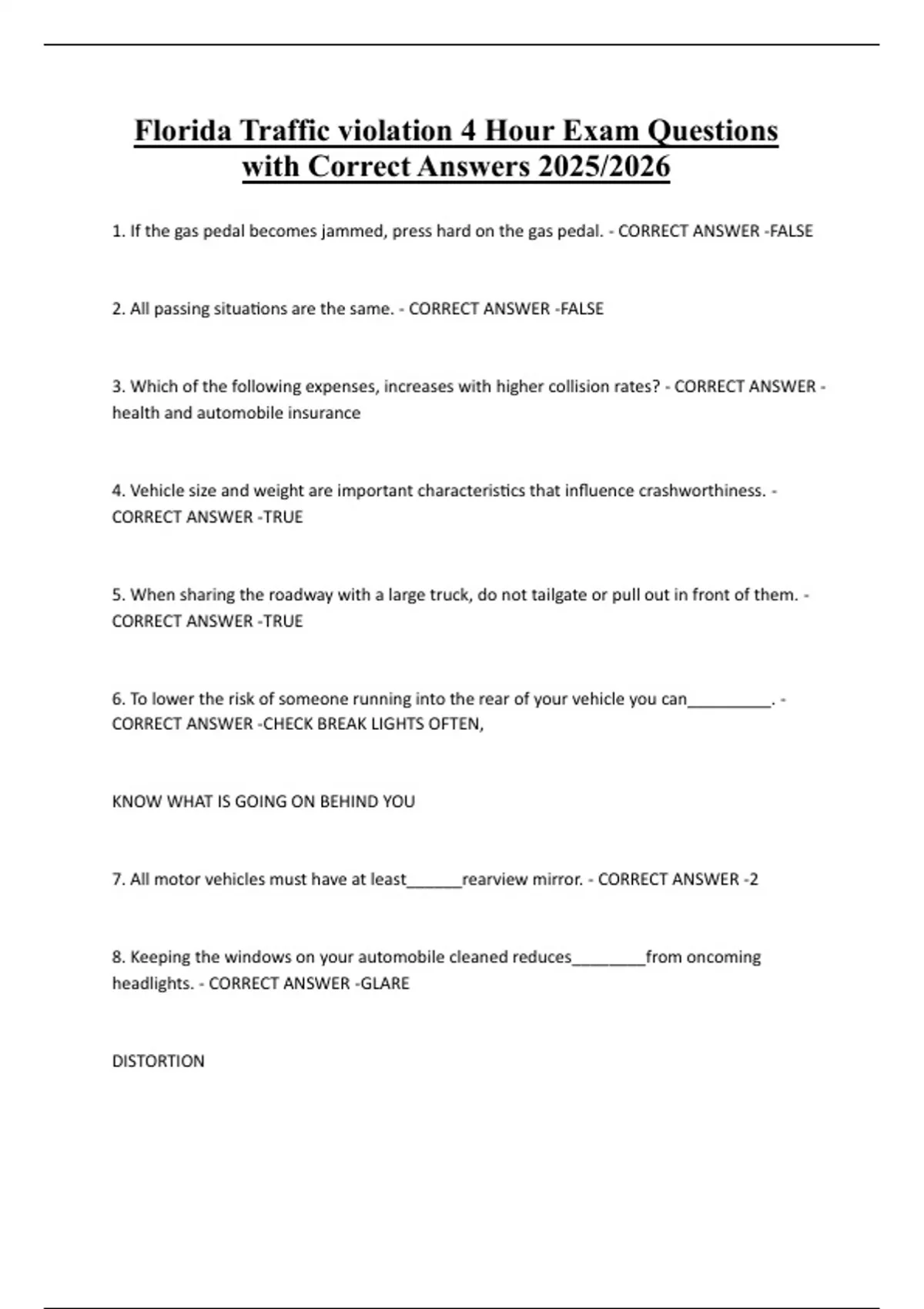 Florida Traffic violation 4 Hour Exam Questions with Correct Answers ...