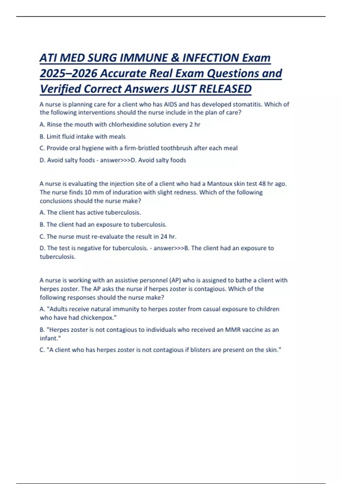 ATI Medical-Surgical Nursing – Immune & Infection Exam | 2025–2026 ...