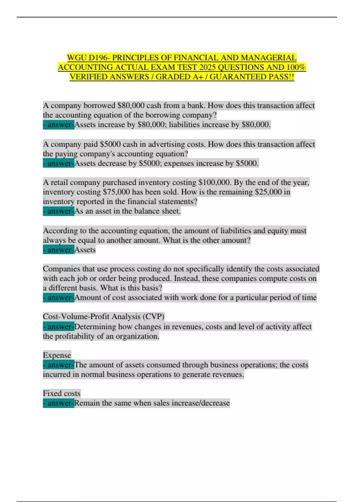 WGU D196 Principles of Financial & Managerial Accounting – 2025 Exam ...