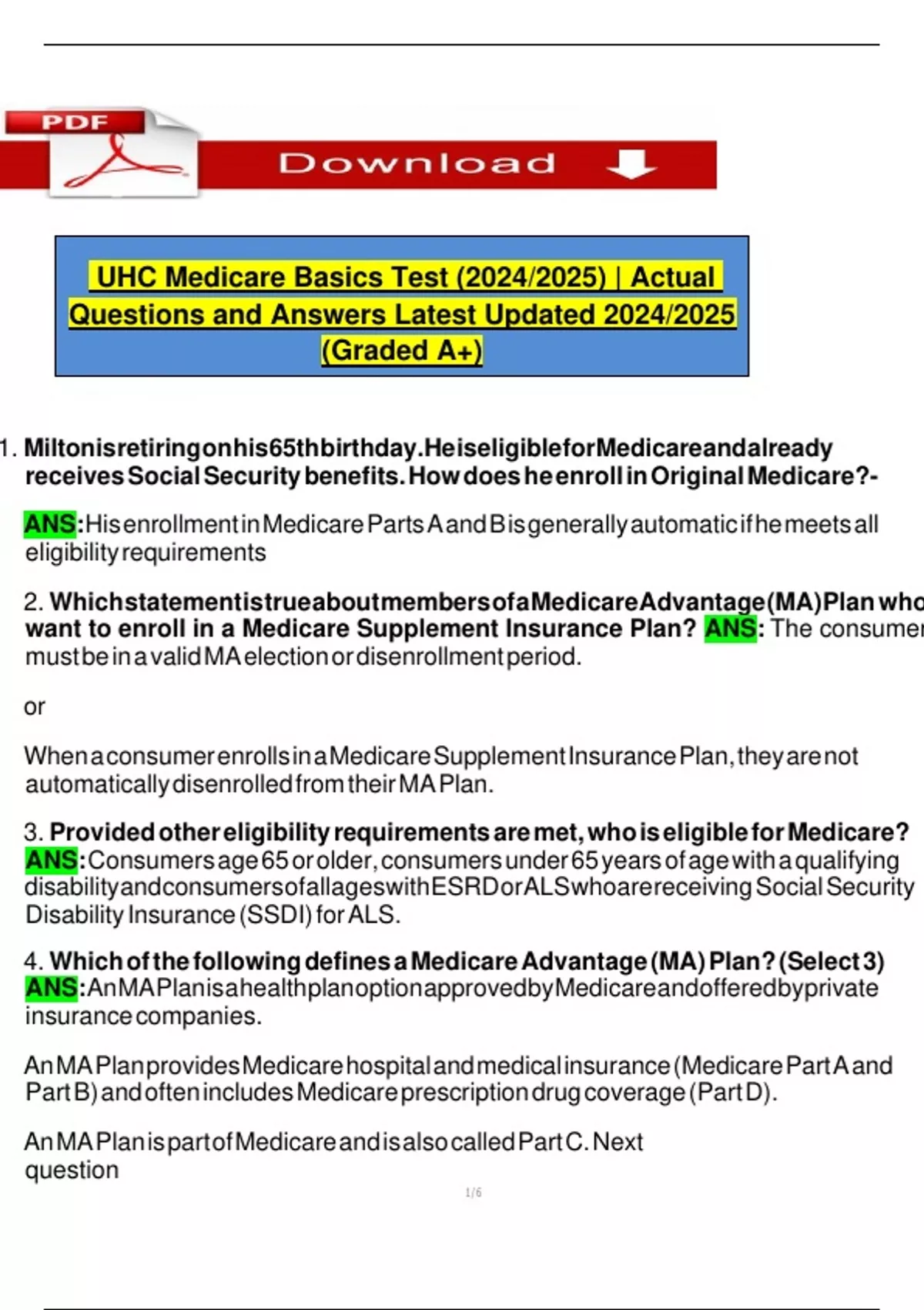 UHC Medicare Basics Test (2024/2025) | Actual Questions and Answers ...