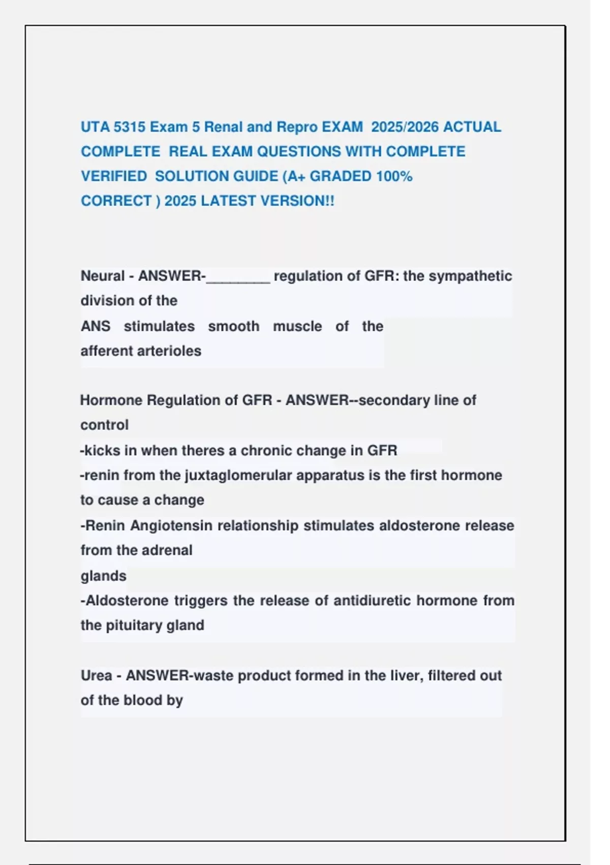 UTA 5315 Exam 5 Renal and Repro EXAM 2025/2026 ACTUAL COMPLETE REAL ...