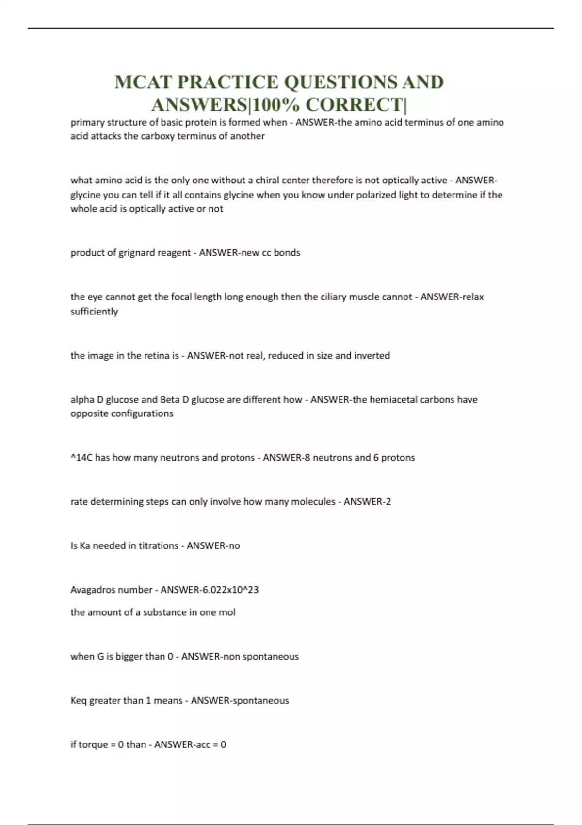 MCAT PRACTICE QUESTIONS AND ANSWERS|100% CORRECT| - MCAT - Stuvia US