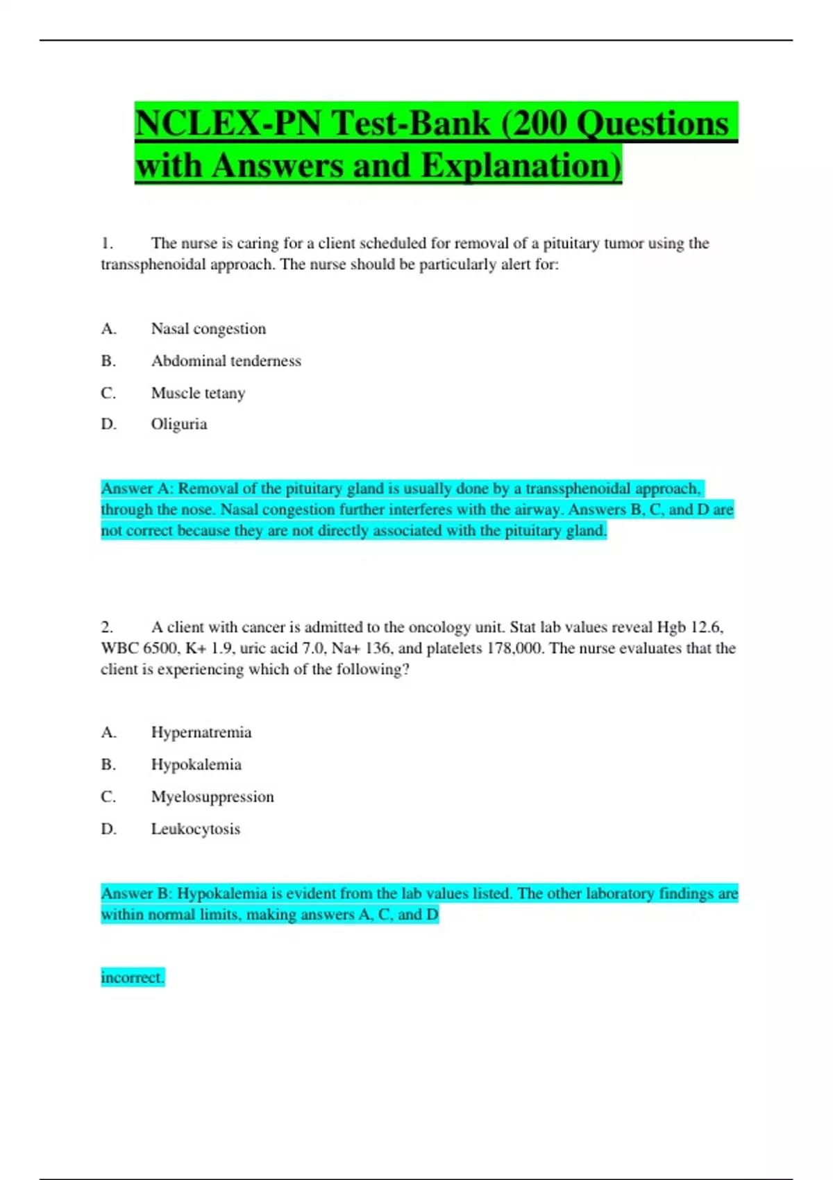 NCLEX-PN Test Bank | 200 Practice Questions with Answers & Detailed ...