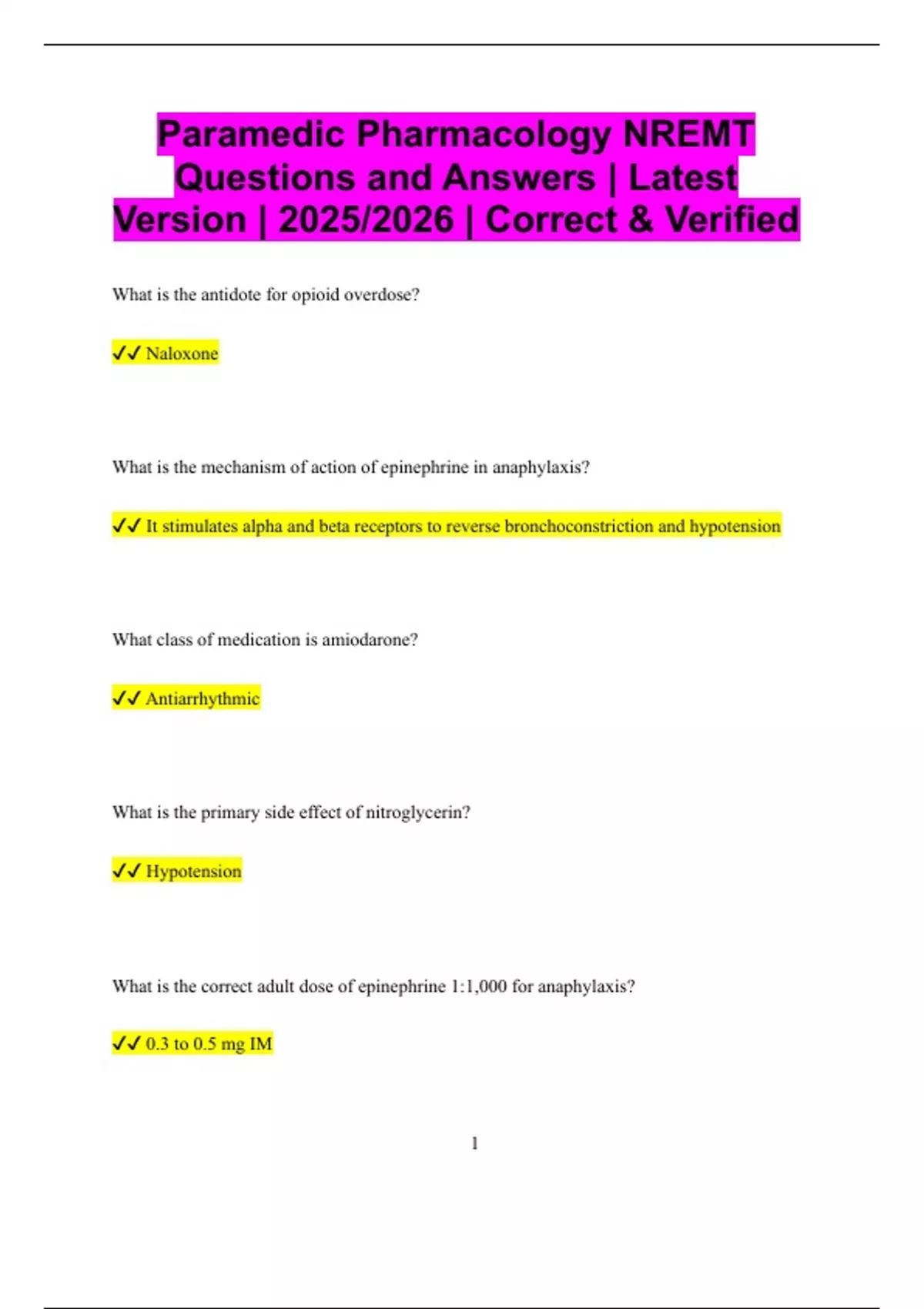 Paramedic Pharmacology NREMT Questions and Answers | Latest Version ...