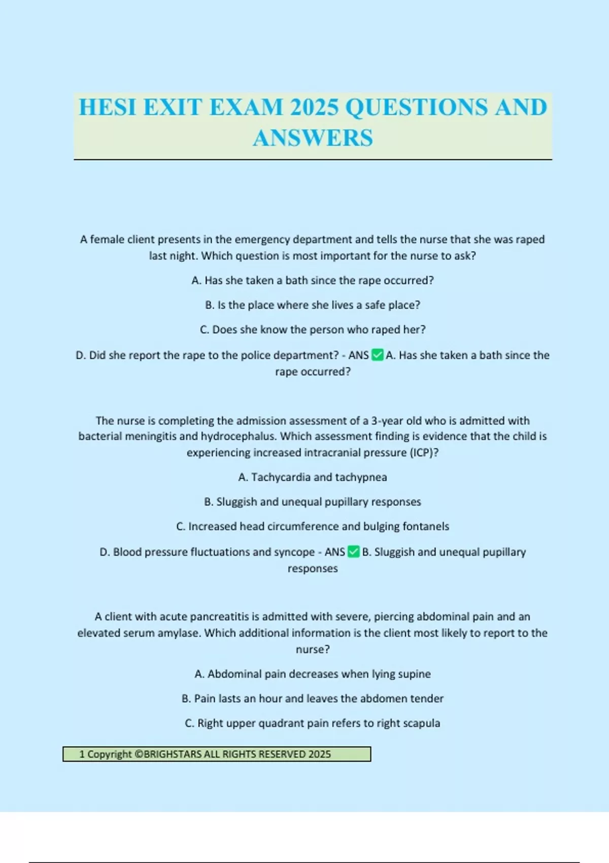 HESI EXIT EXAM 2025 QUESTIONS AND ANSWERS - HESI EXIT - Stuvia US