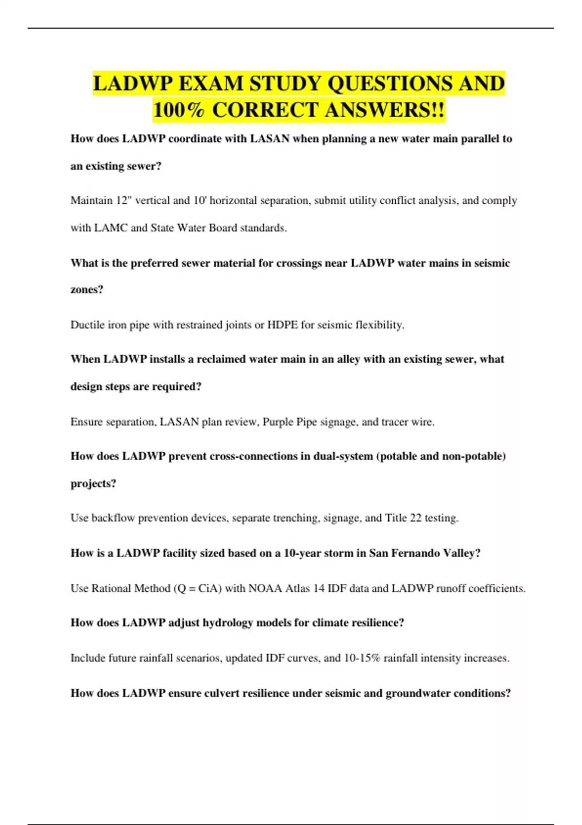 LADWP EXAM STUDY QUESTIONS AND 100% CORRECT ANSWERS!! - LADWP - Stuvia US