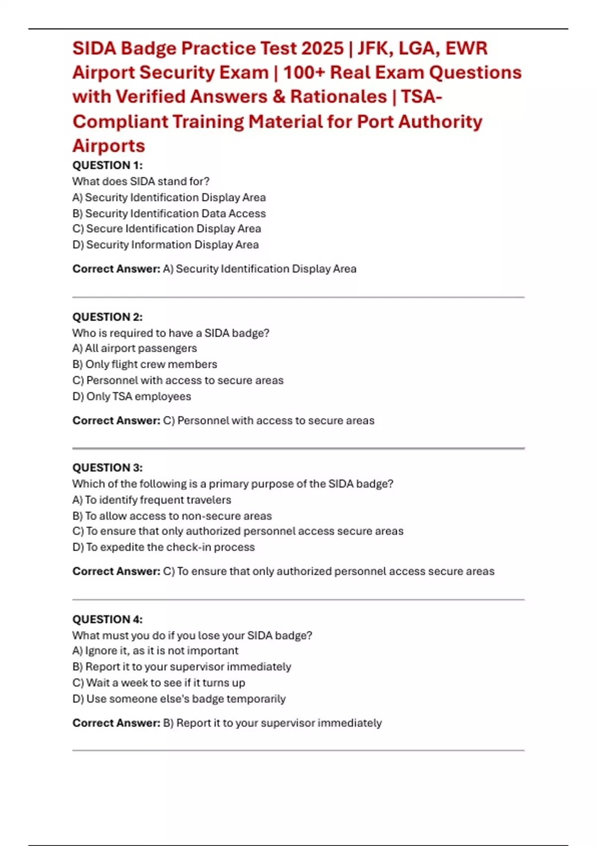 SIDA Badge Practice Test 2025 | JFK, LGA, EWR Airport Security Exam ...