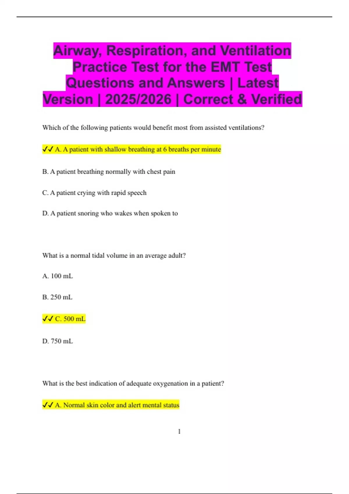 Airway, Respiration, and Ventilation Practice Test for the EMT Test ...