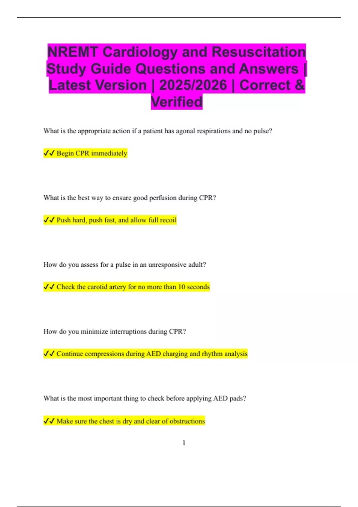 NREMT Cardiology and Resuscitation Study Guide Questions and Answers ...