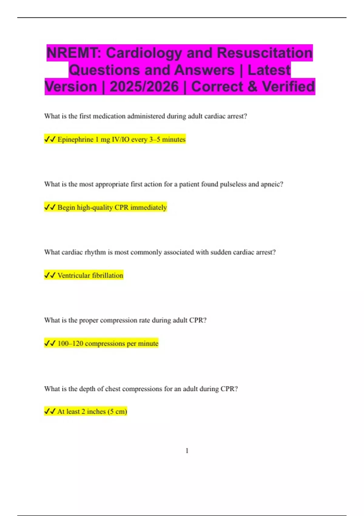 NREMT: Cardiology and Resuscitation Questions and Answers | Latest ...