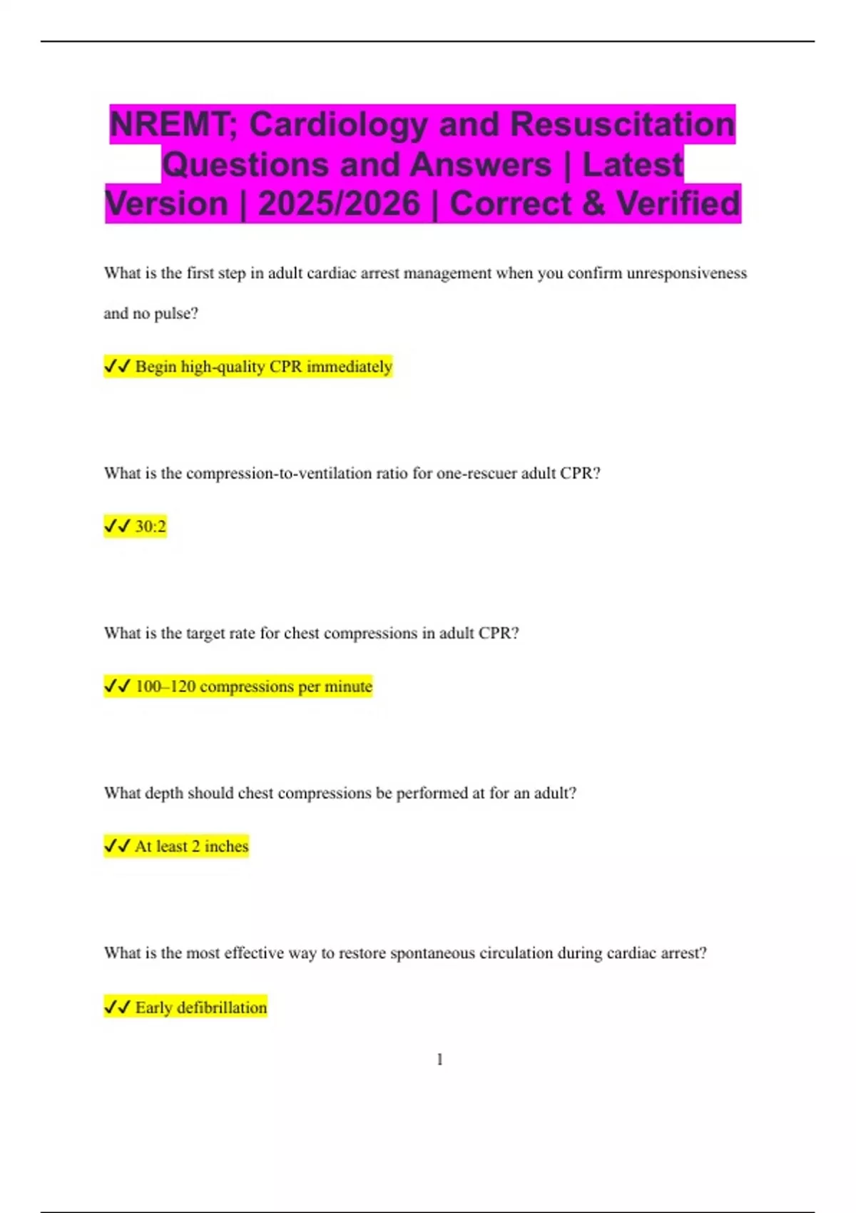 NREMT; Cardiology and Resuscitation Questions and Answers | Latest ...