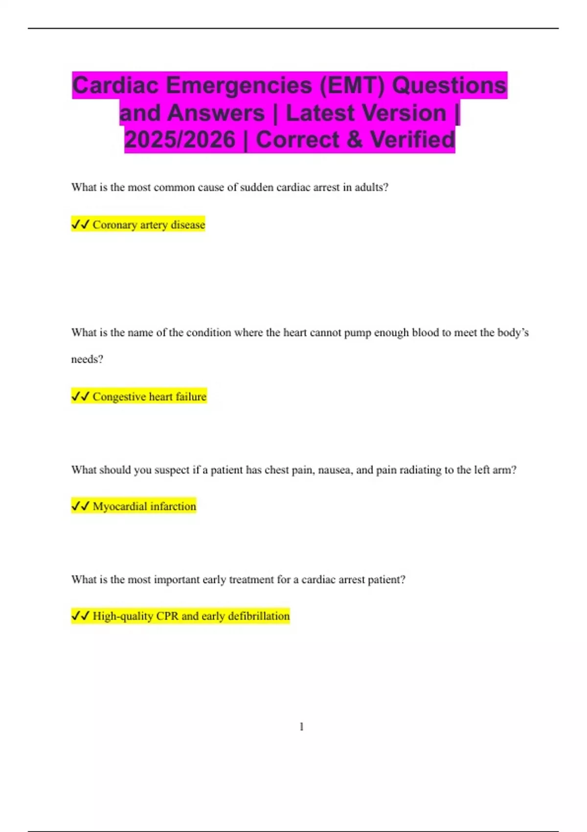 Cardiac Emergencies (EMT) Questions and Answers | Latest Version | 2025 ...