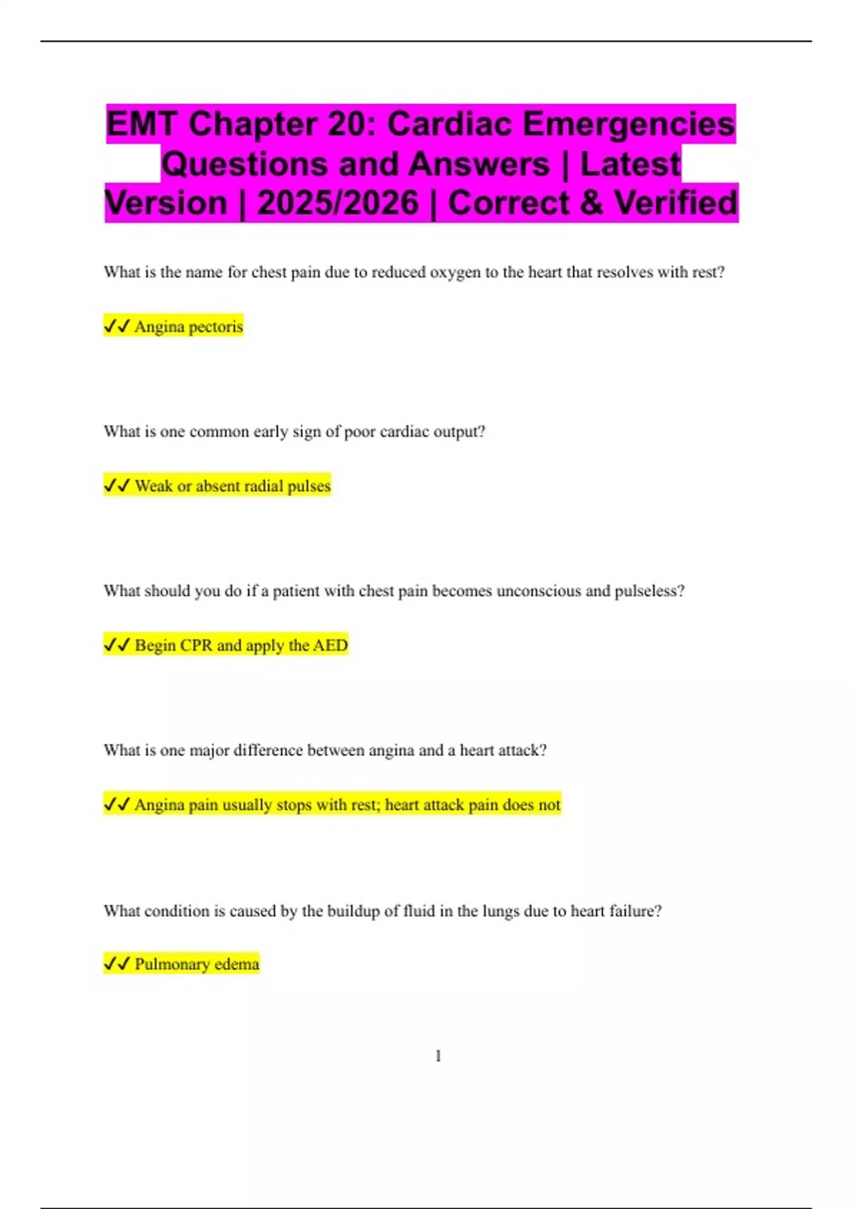 EMT Chapter 20: Cardiac Emergencies Questions and Answers | Latest ...