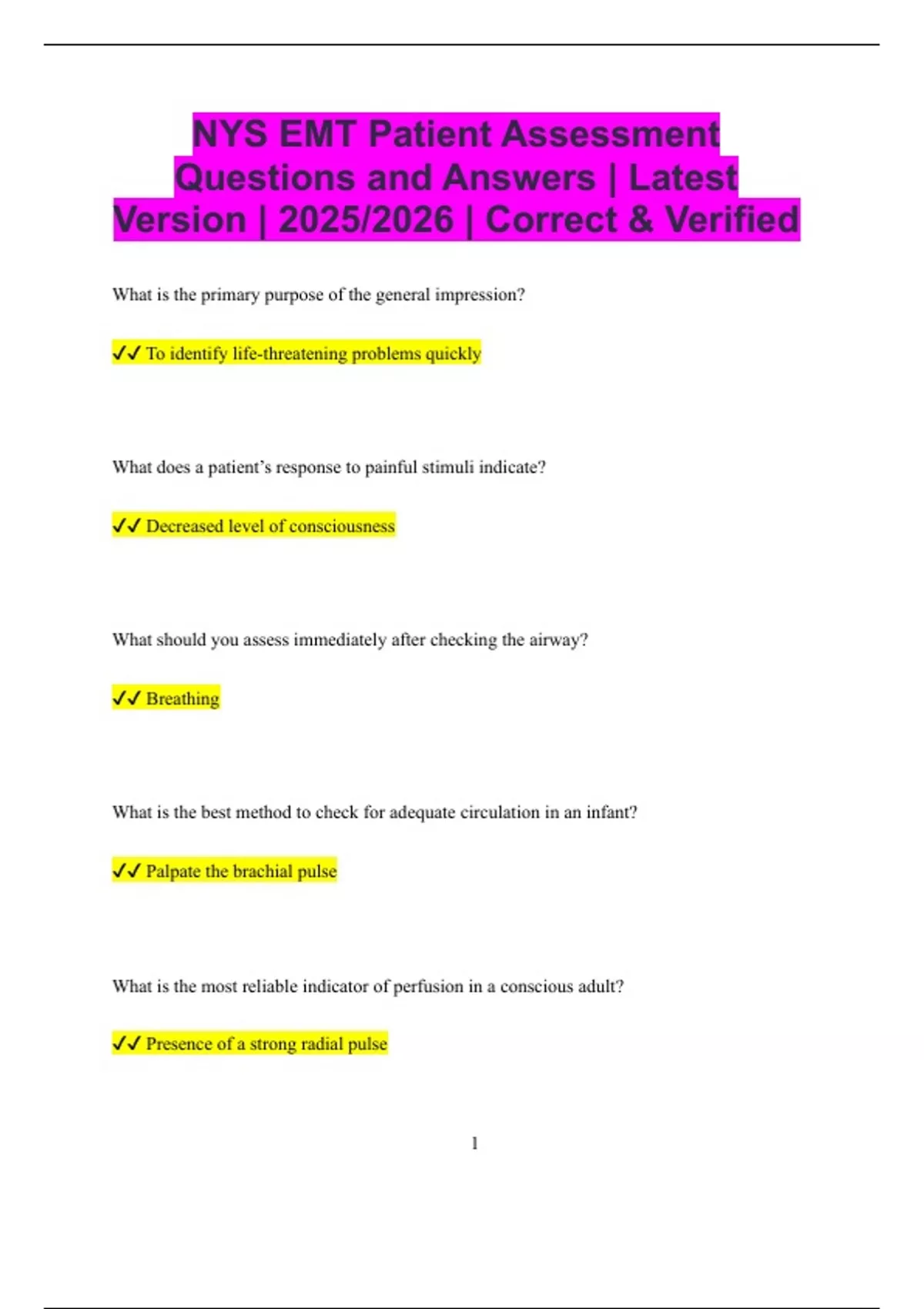 NYS EMT Patient Assessment Questions and Answers | Latest Version ...
