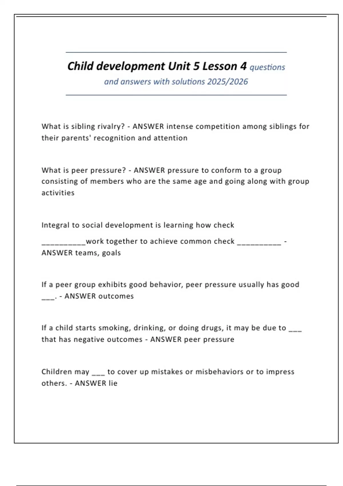 Child development Unit 5 Lesson 4 questions and answers with solutions ...