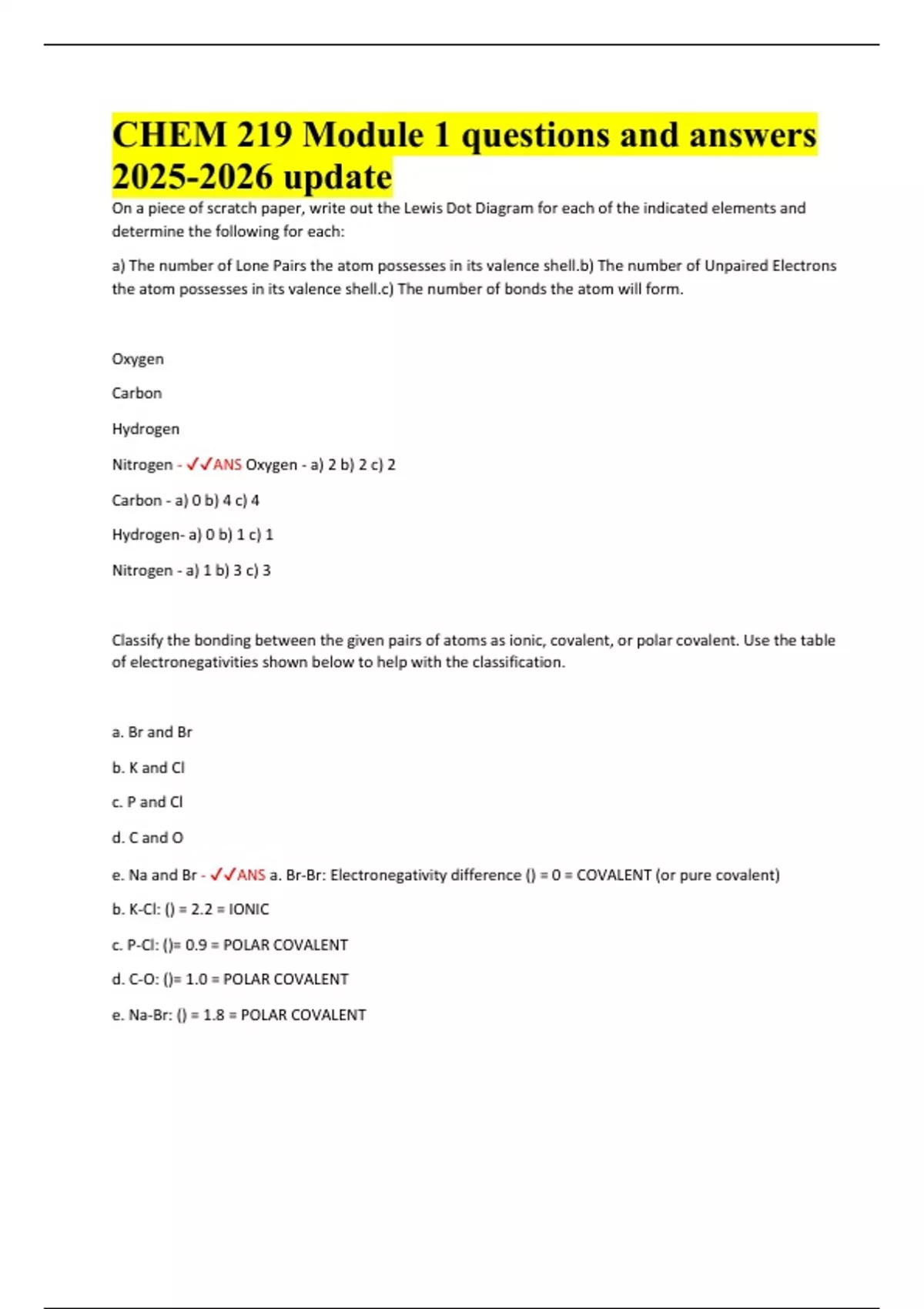 CHEM 219 Module 1 questions and answers update - CHEM 219 Module 1 - Stuvia US