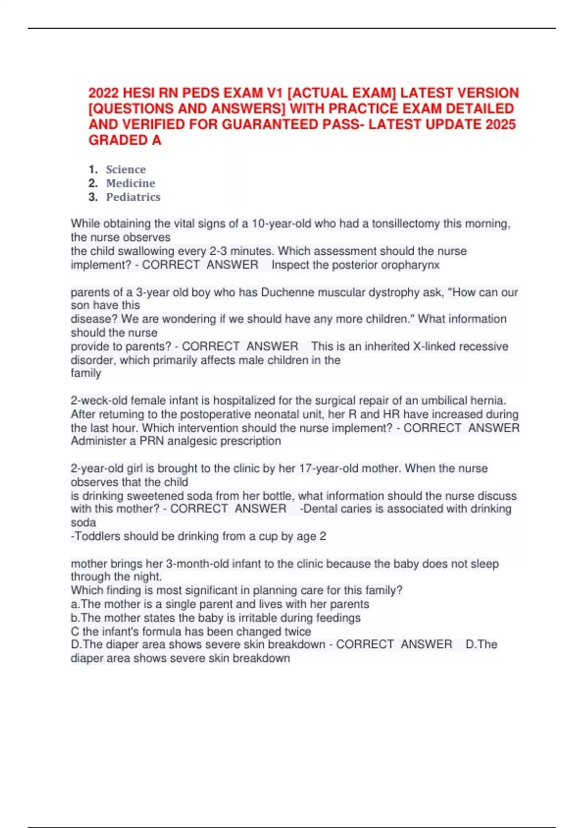 2022 HESI RN PEDS EXAM V1 [ACTUAL EXAM] LATEST VERSION [QUESTIONS AND ...