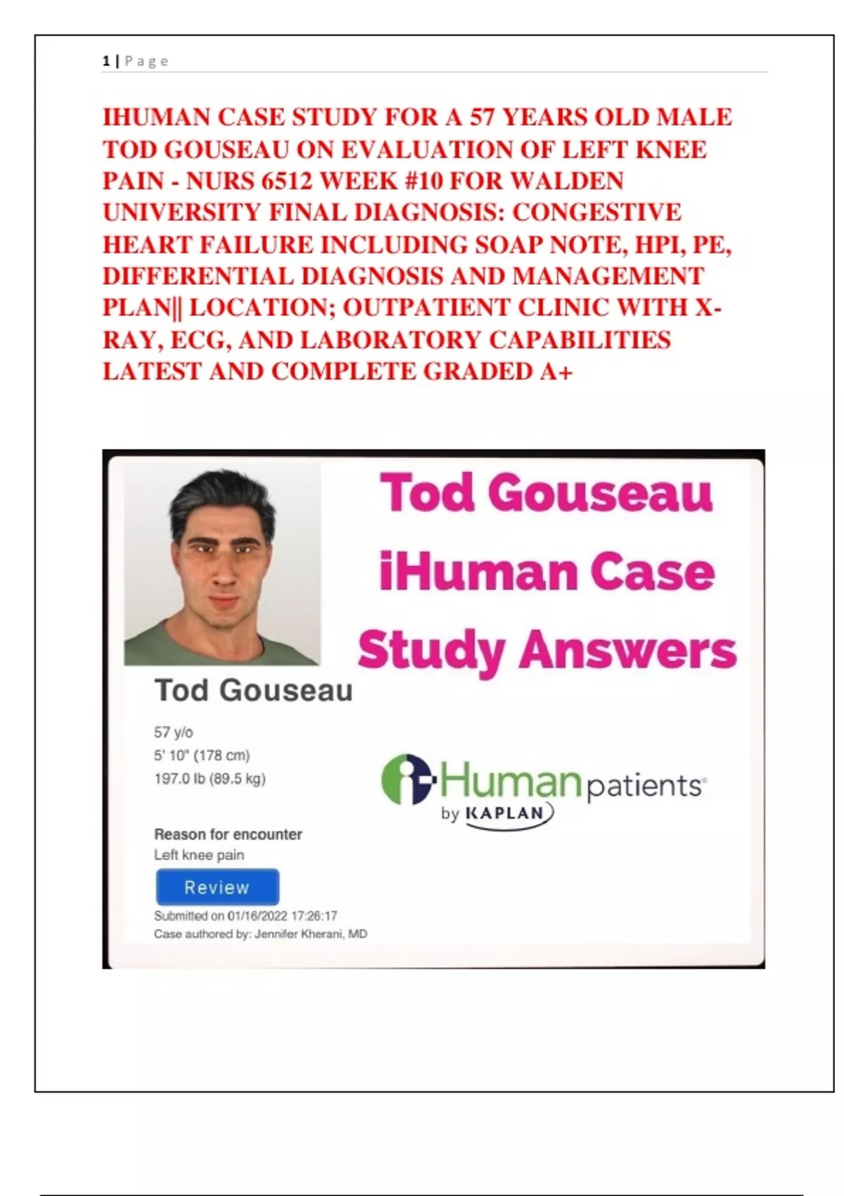 IHUMAN CASE STUDY FOR A 57 YEARS OLD MALE TOD GOUSEAU ON EVALUATION OF ...