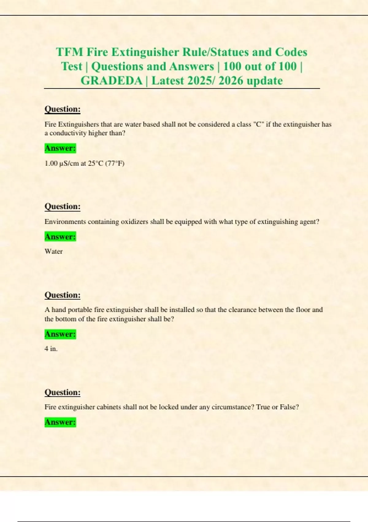 TFM Fire Extinguisher Rule/Statues and Codes Test | Questions and ...