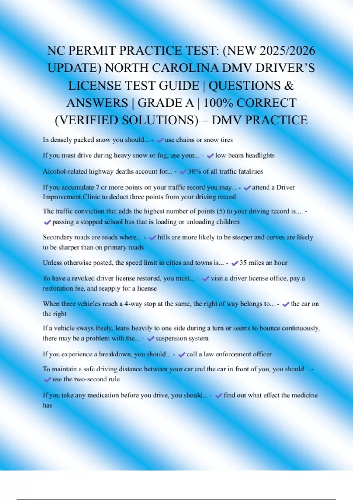 NC PERMIT PRACTICE TEST: (NEW 2025/2026 UPDATE) NORTH CAROLINA DMV ...